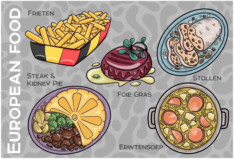 Popular Western & Central European Food Set. Hand-drawn & Vector Stock ...