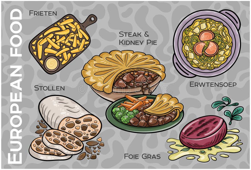Popular Western & Central European Food Set. Hand-drawn & Vector Stock ...