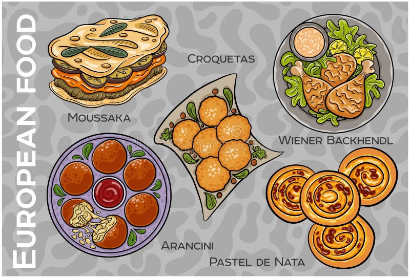 Popular Western & Central European Food Set. Hand-drawn & Vector Stock ...