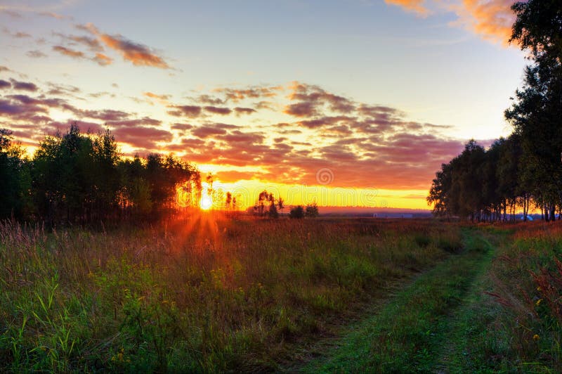 Por do sol no campo imagem de stock. Imagem de nuvens - 10642357
