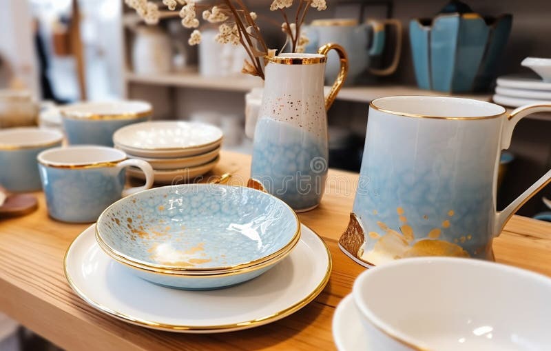Porcelain Ceramic Hand-made Colored Ceramic Tableware on the Counter in ...