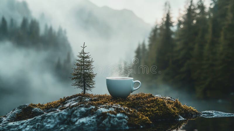 A Porcelain Coffee Cup among Tiny Trees in a Misty Dawn Landscape Stock ...
