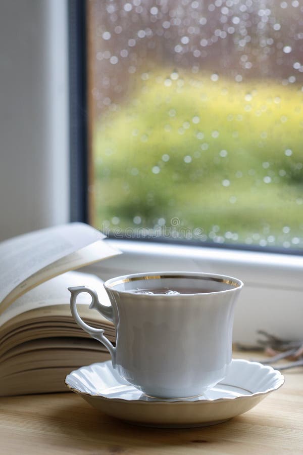 Porcelain Cup with Hot Tea, Soft Blanket and Open Book by the Window ...