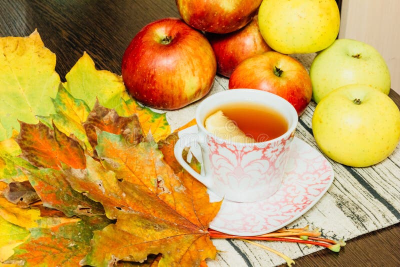 Porcelain Cup of Tea, Apple and Maple Leaves Stock Photo - Image of ...
