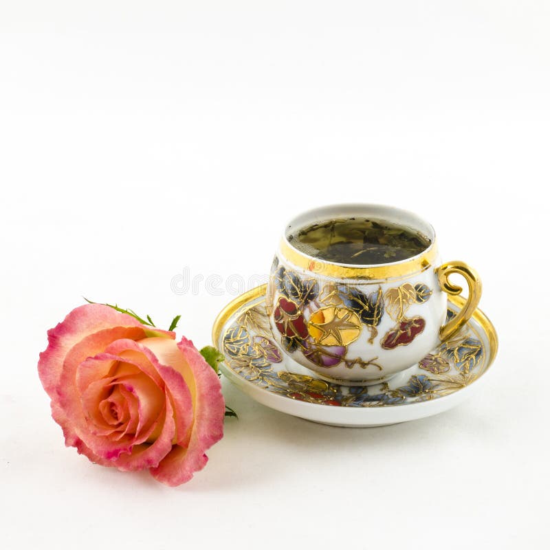 Porcelain Tea Cup and Rose Flower Stock Image - Image of classic ...
