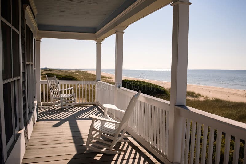 Porch with Rocking Chairs and View of the Beach on Cape Cod Stock ...