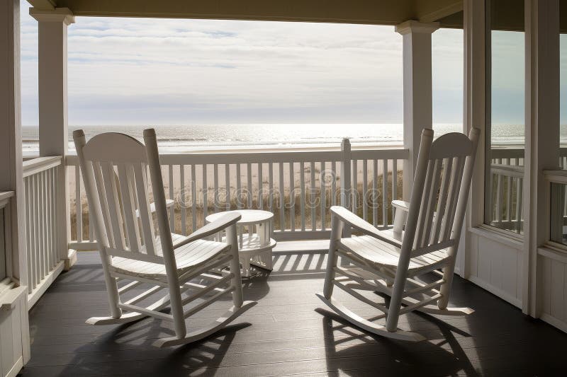 Porch with Rocking Chairs and View of the Beach on Cape Cod Stock ...