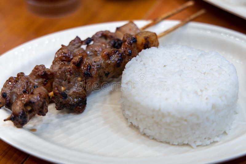 Pork barbecue with rice stock image. Image of stick - 155887939