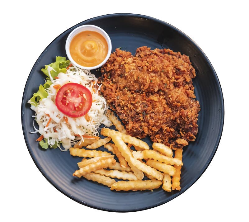 Pork Batter with Potato Sticks and Mayonnaise on a Black Plate Stock ...