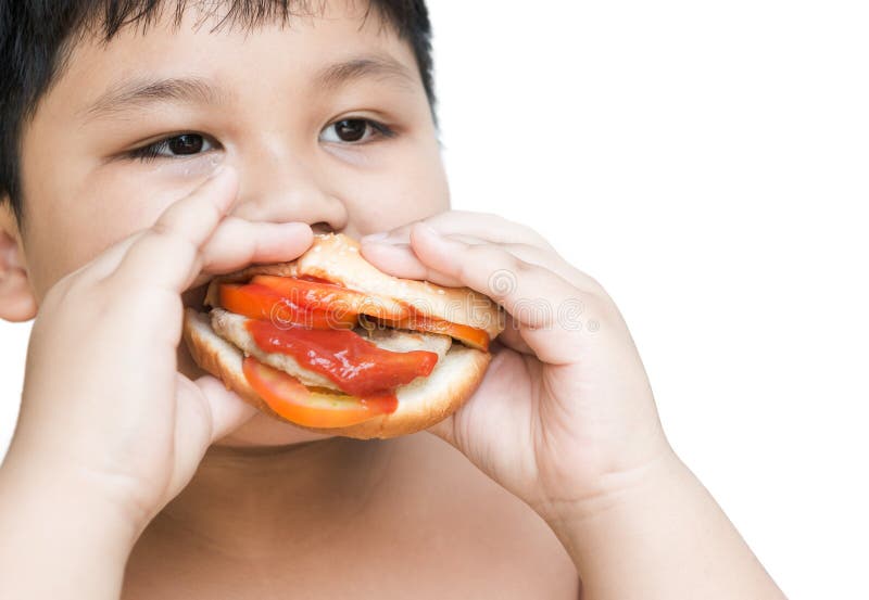 Pork Cheese Hamburger in Obese Fat Boy Hand Stock Photo - Image of ...