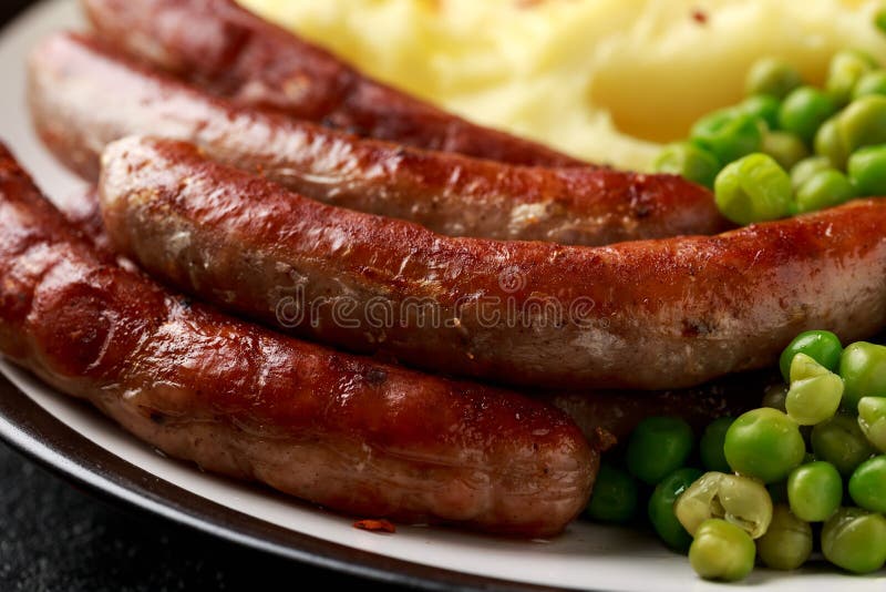 Pork Chipolata Sausages with Home Cooked Mashed Potato and Green Peas ...