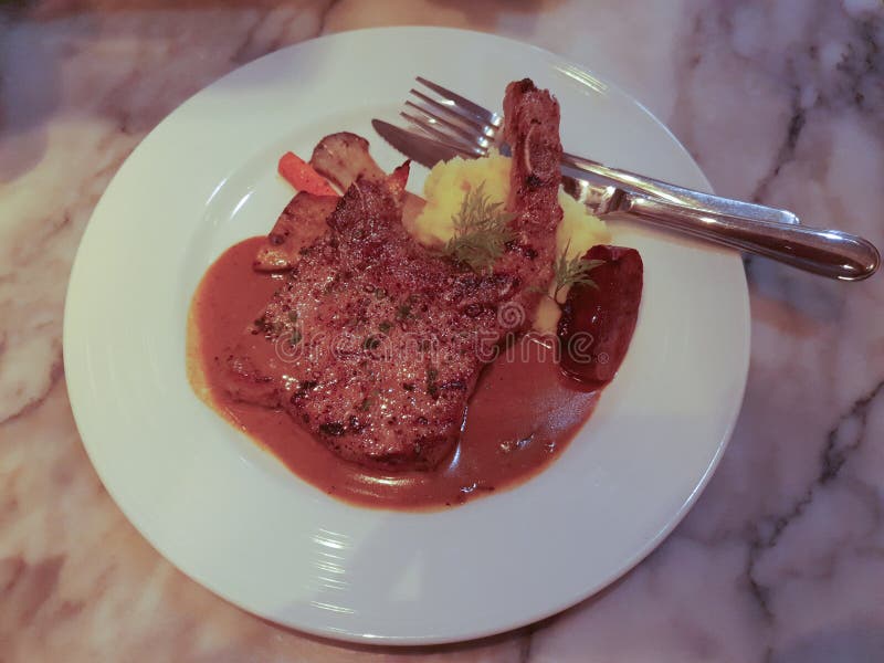 Pork Chop with Vegetable in White Plate Stock Image - Image of ...