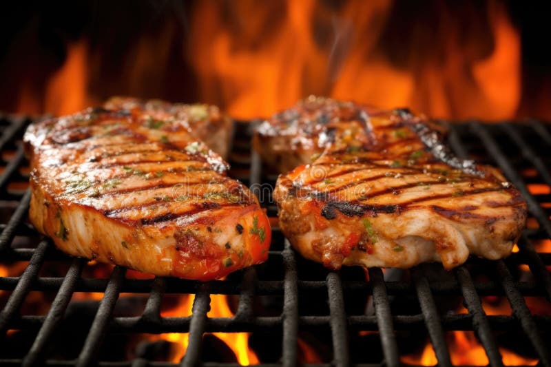 Pork Chops on a Grill with Flames Visible Below Stock Photo - Image of ...