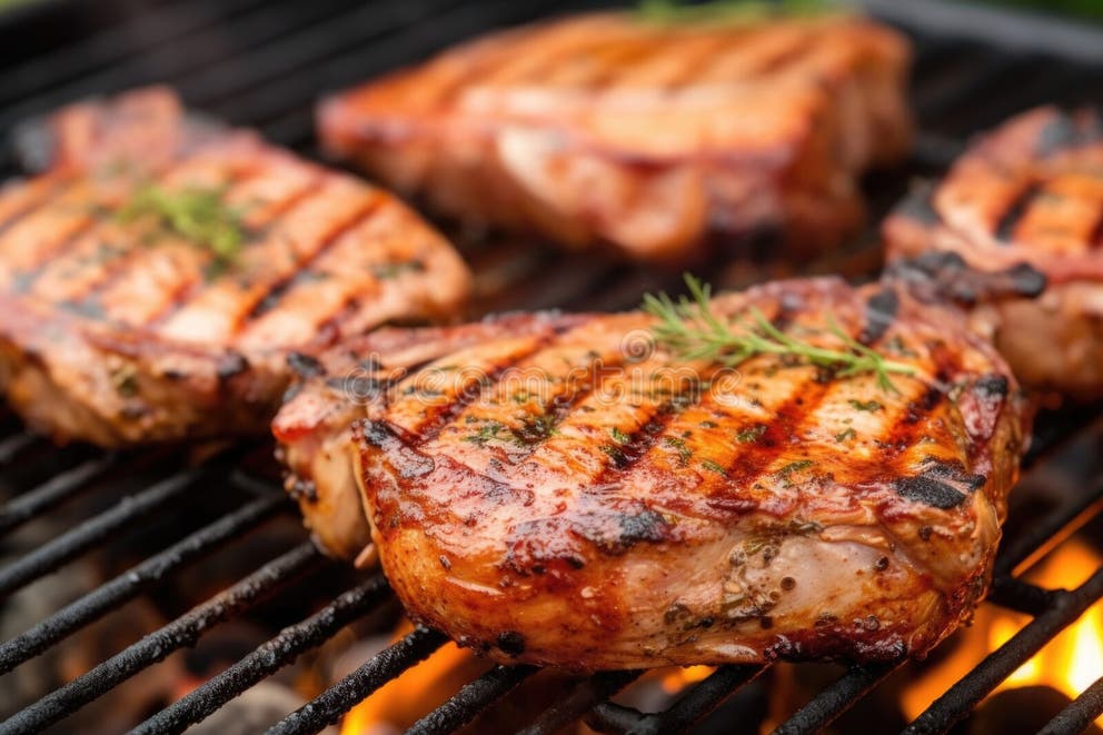 Pork Chops with Grill Marks on a Barbecue Stock Image - Image of ...
