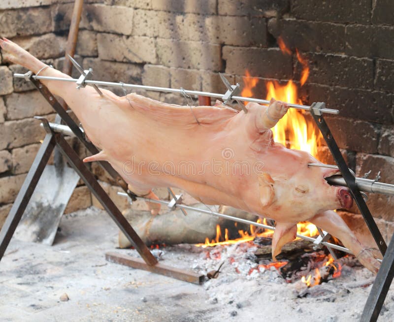 Pork Cooked on the Skewer with Great Fire Stock Image - Image of piece ...