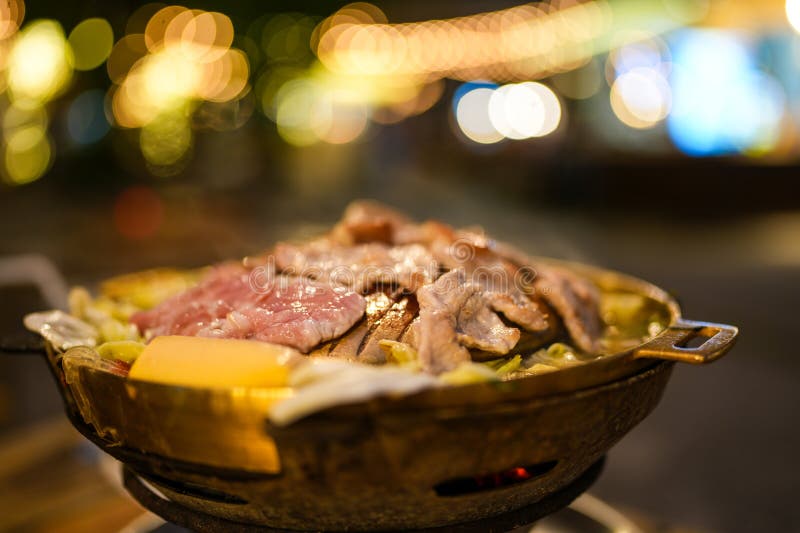 Pork Dishes Grill Barbecue with Pork on Hot Pan Stock Photo - Image of dipping, food: 393326404