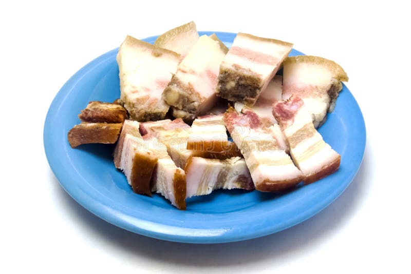 Pork Fat on a Blue Plate Close-up on a White Background Stock Image ...