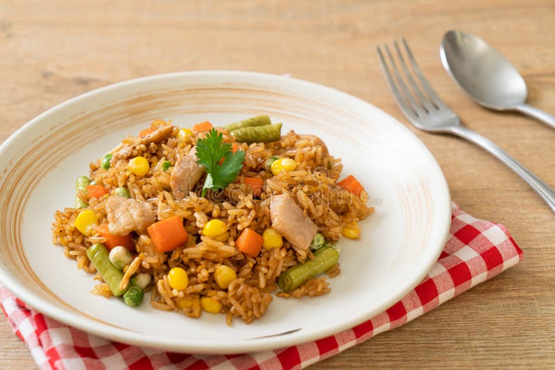 Pork Fried Rice on White Plate Stock Image - Image of delicious, meal ...
