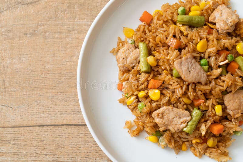 Pork Fried Rice on White Plate Stock Photo - Image of culture, brown ...