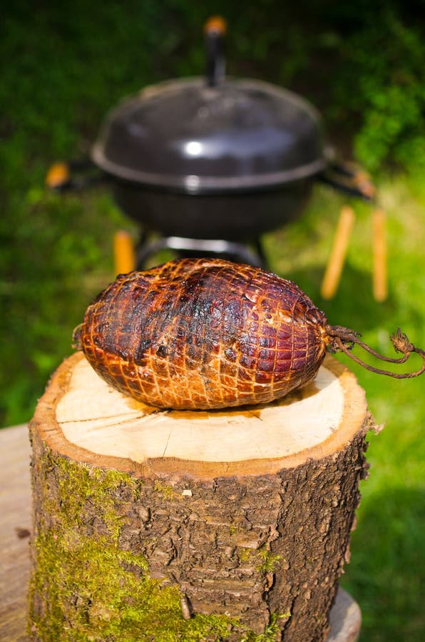 Pork ham baked on bbq stock photo. Image of fresh, wooden - 86076138