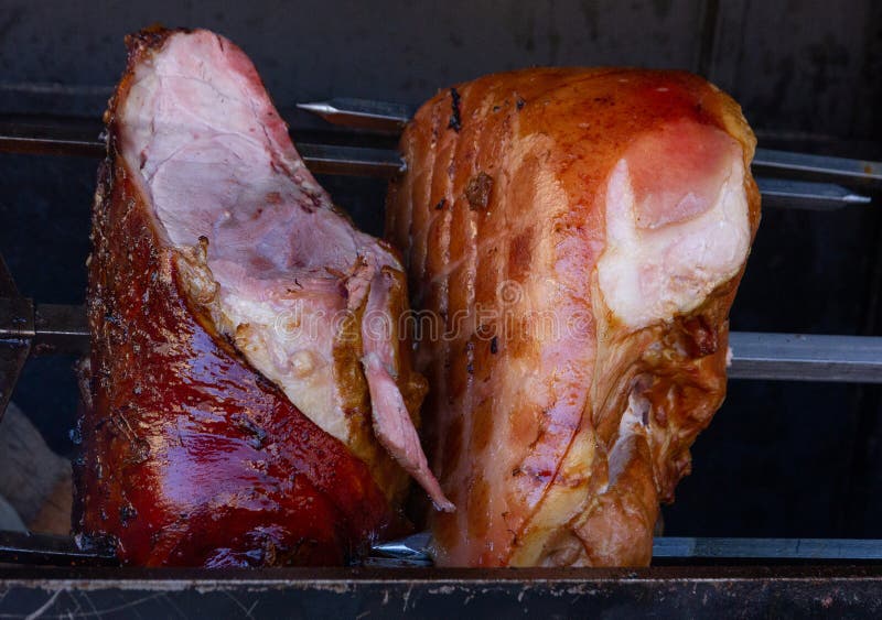 Pork Ham Meat Cooking on Grill Roaster Stock Image - Image of roast ...