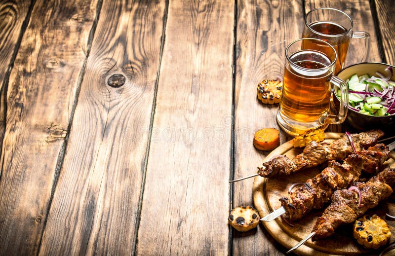 Pork Kebab with Beer and Vegetables. Stock Photo - Image of food, board ...