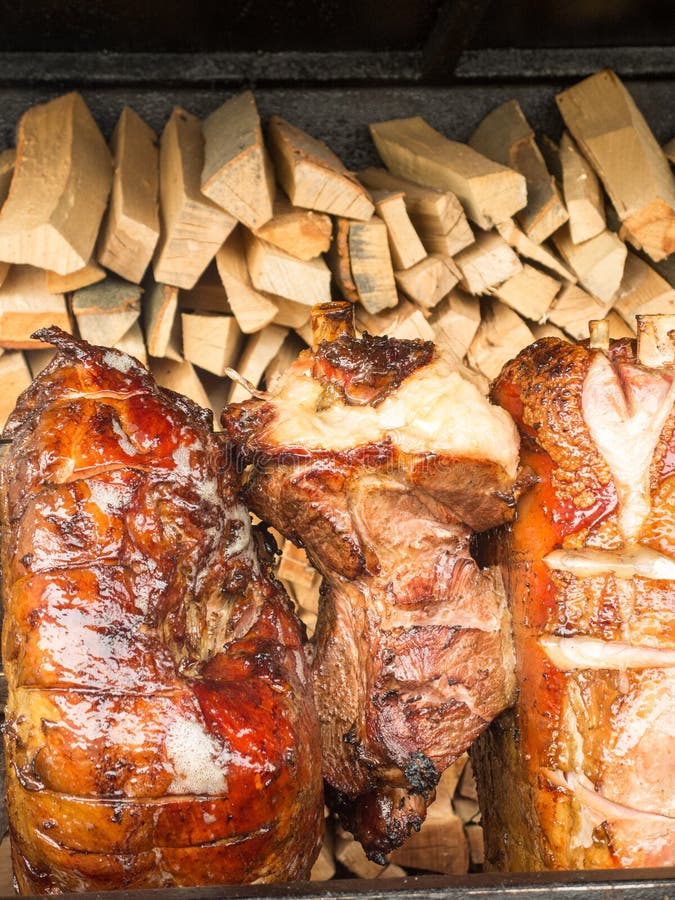 Pork Legs Slow Cooking on Wooden Slow Fire Stock Image - Image of food ...