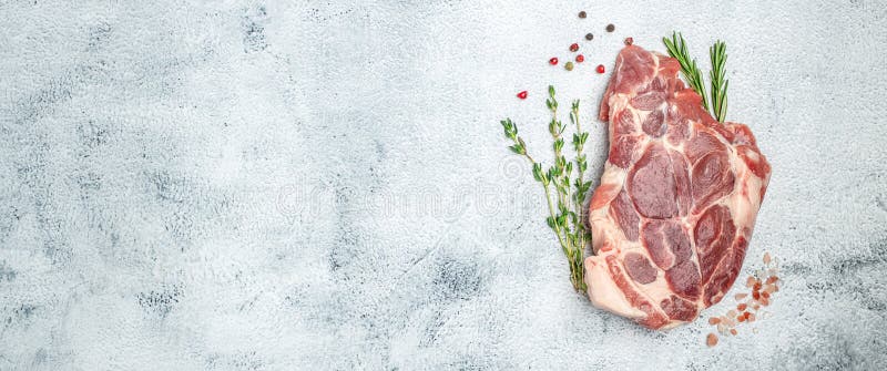 Pork Meat with Herbs and Spices on a Light Background. Long Banner ...