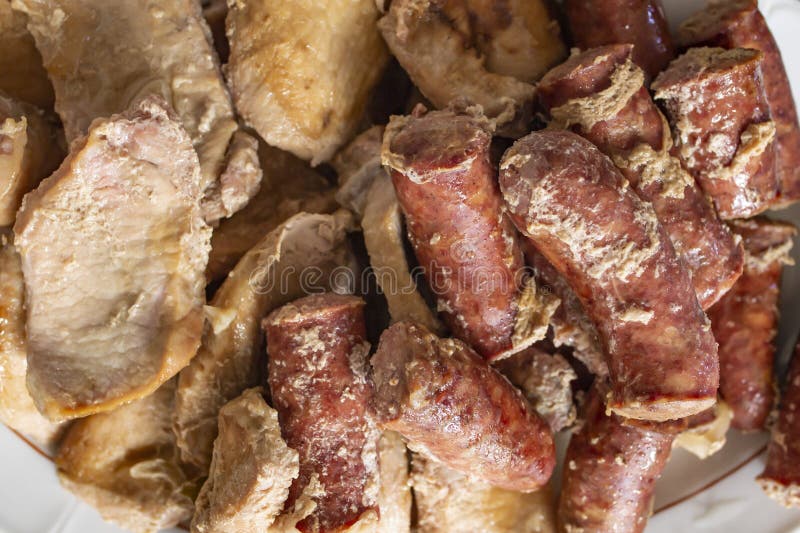 Pork Meat and Sausages Dry Cooked, Soft Focus Stock Image - Image of ...