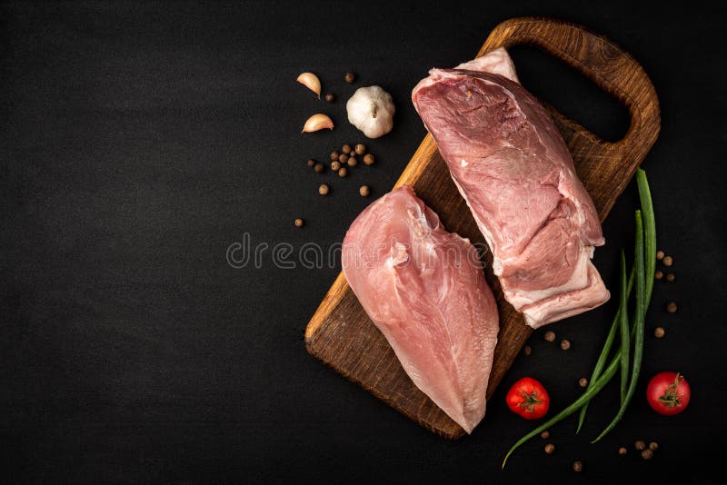 Pork Meat with Spices on Black Background Stock Image - Image of cooked ...