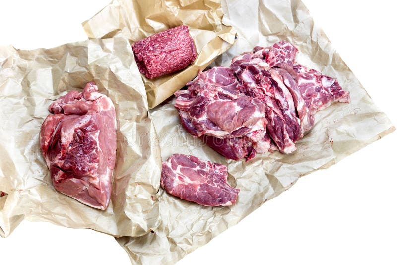 Pork Pieces, Forcemeat and Fillet on White Background Close-up Stock ...