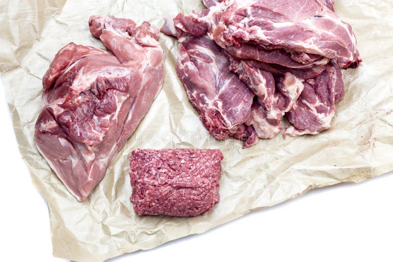 Pork Pieces, Forcemeat and Fillet on White Background Close-up Stock ...