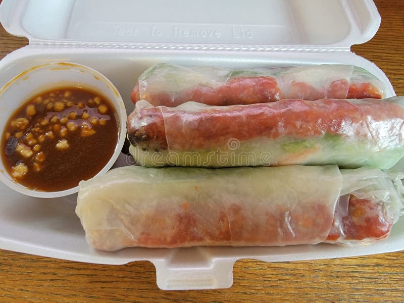 Pork and Rice Paper Vietnamese Rolls in Container with Sauce Stock ...