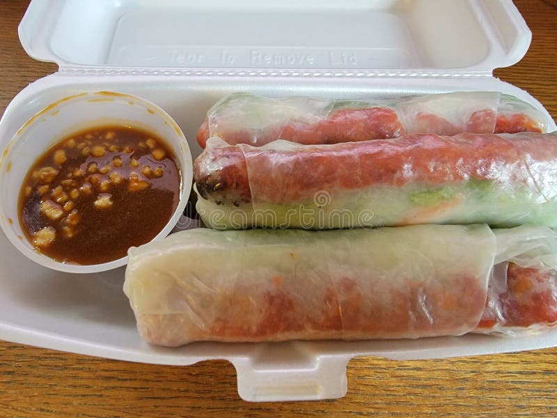 Pork and Rice Paper Vietnamese Rolls in Container with Sauce Stock ...