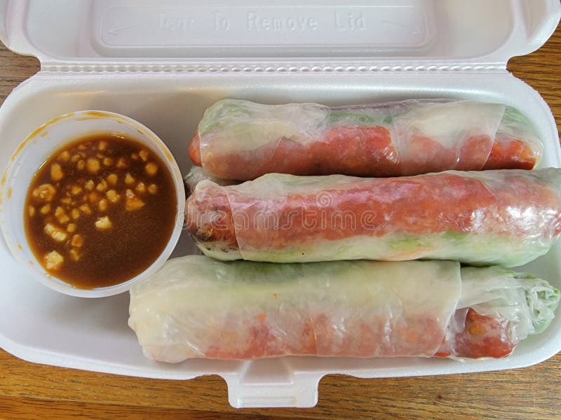 Pork and Rice Paper Vietnamese Rolls in Container with Sauce Stock ...
