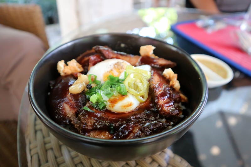 Pork ,rice Topped with Pork and Egg Stock Photo - Image of sauce ...