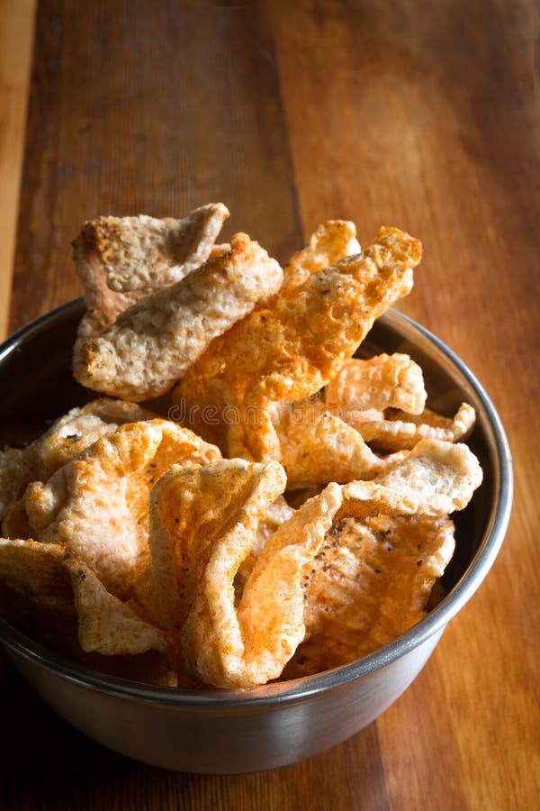 Pork Rind Appetizer in a Stainless Steel Bowl Stock Photo - Image of ...