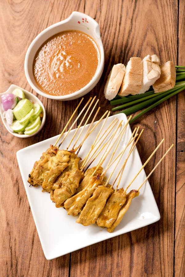 Pork Satay,Grilled Pork Set on Wood Table , Thai Style Stock Image ...