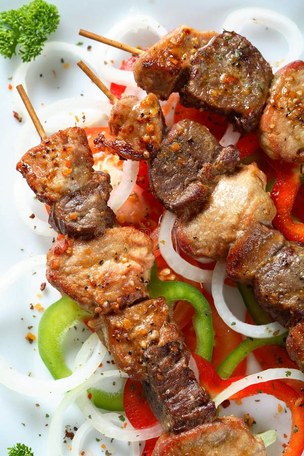 Pork Shashlik with Fresh Veget Stock Photo - Image of appetizing, onion ...