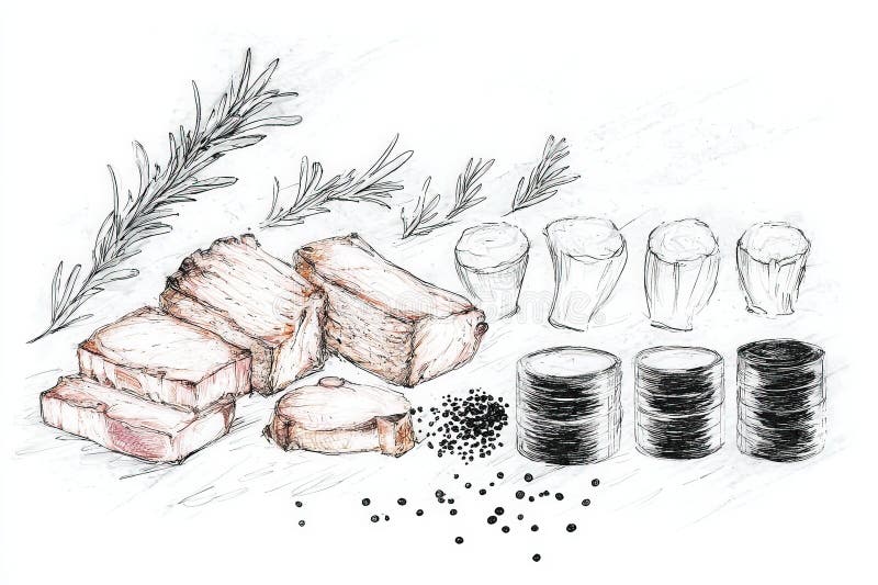 Pork Sketch: a Detailed Illustration of Pork Cuts, Emphasizing Culinary ...