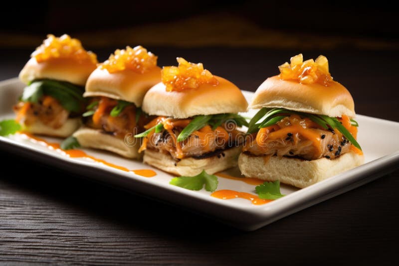 Pork Sliders Garnished with Spicy Sauce on Plate Stock Image - Image of ...