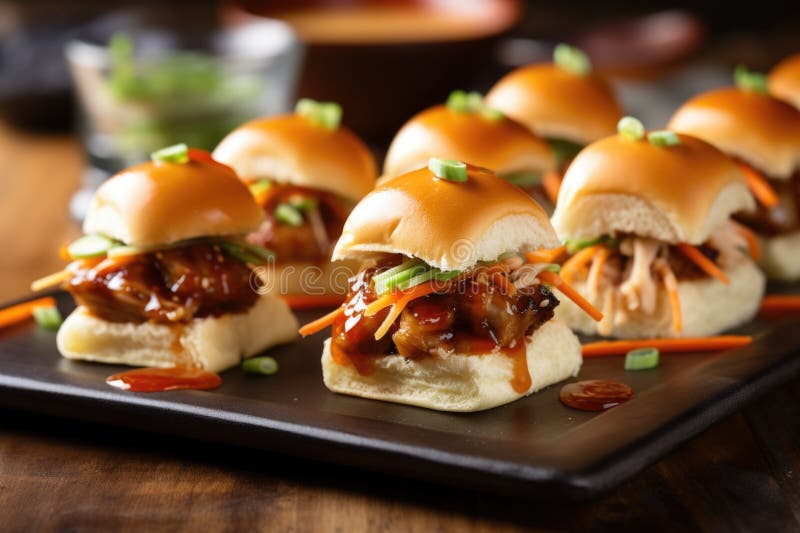 Pork Sliders with Sriracha Sauce on a Stoneware Plate Stock Photo ...