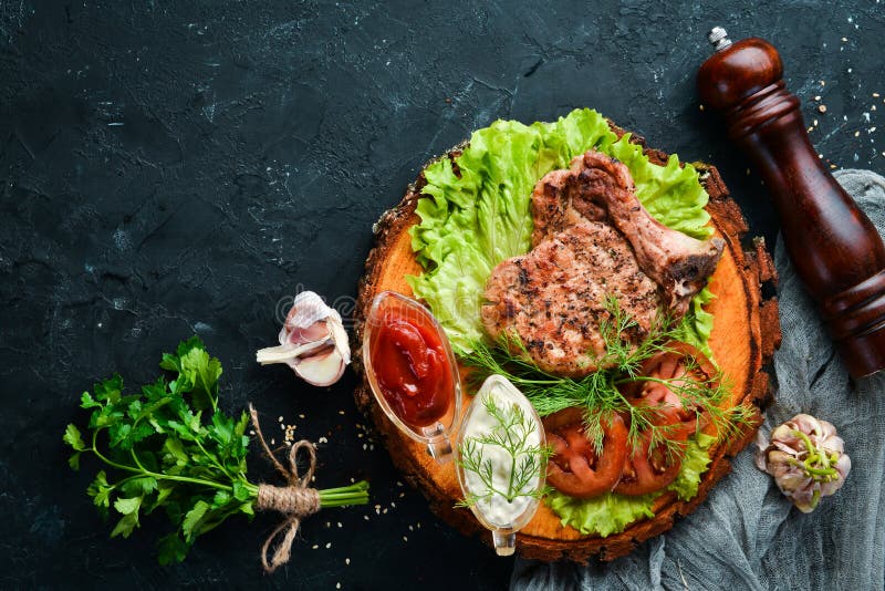 Pork Steak with Vegetables. Barbecue. Top View Stock Image - Image of ...