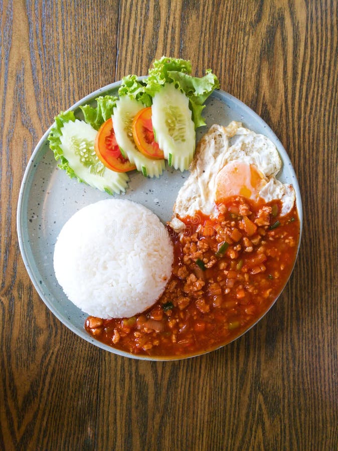 Pork Stew with White Rice, Fried Egg and Sauce. Stock Image - Image of ...