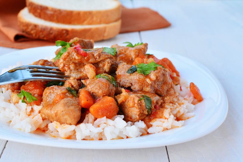 Pork stew with white rice stock photo. Image of meal - 123314742