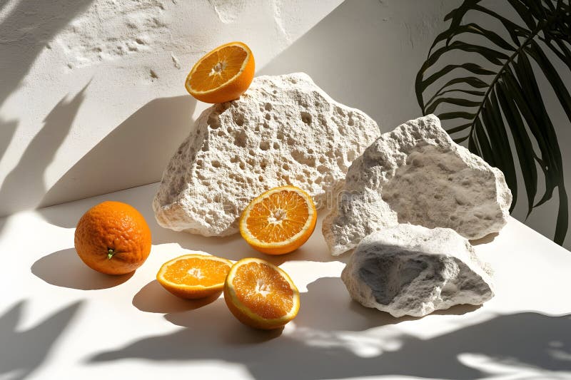 Porous Stones and Fresh Oranges White Surface Stock Illustration ...