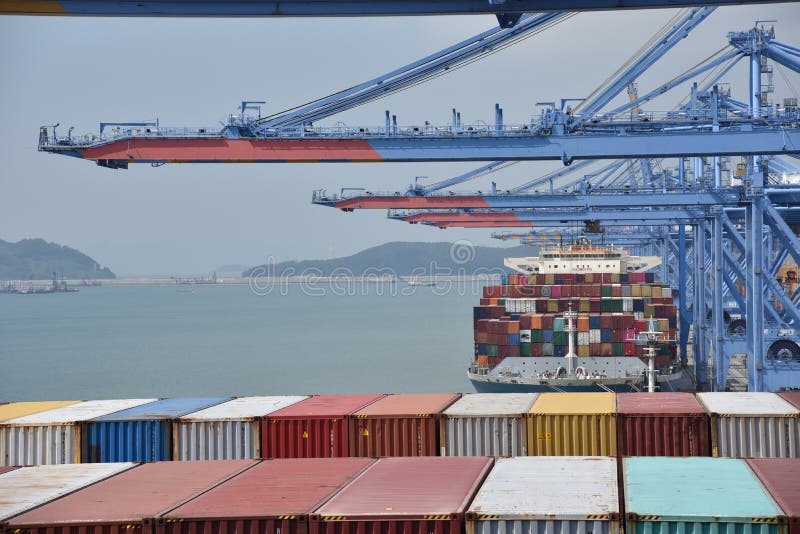 Container Ships in the Port of Busan. Stock Image - Image of freight ...