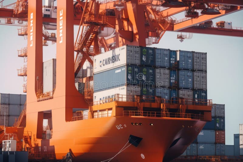 Port Cargo Terminal, Transport Hub. Huge Industrial Cranes Loading ...