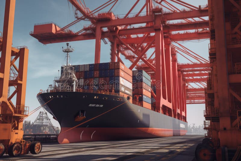 Port Cargo Terminal, Transport Hub. Huge Industrial Cranes Loading ...