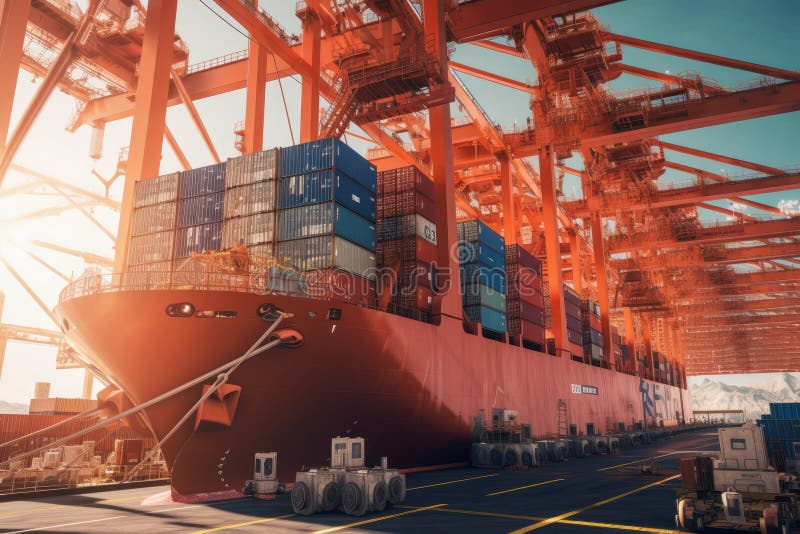 Port Cargo Terminal, Transport Hub. Huge Industrial Cranes Loading ...